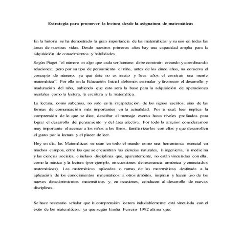 Estrategia para promover la lectura desde la asignatura de matemáticas ...