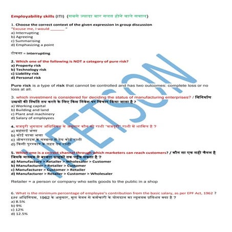 Employability Skills ITI Most Difficult MCQ | PDF