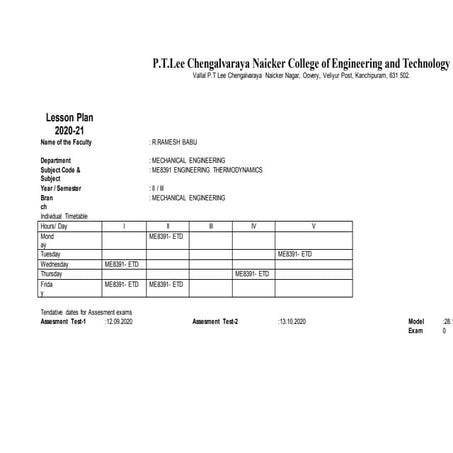 Engineering Thermodynamics lession plan | DOCX