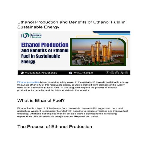 Ethanol Production and Benefits of Ethanol Fuel in Sustainable Energy | PDF
