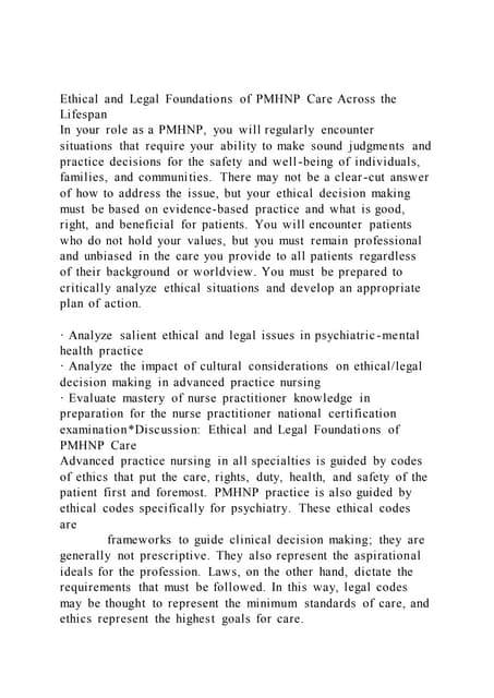Ethical and Legal Foundations of PMHNP Care Across the LifespanI | DOCX Ethical and Legal Foundations of PMHNP Care Across the LifespanI | DOCX