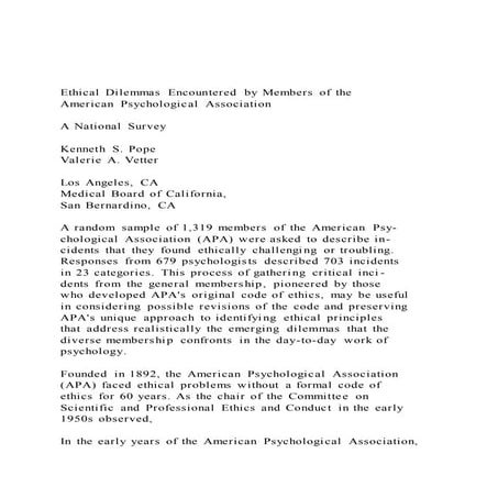 Ethical Dilemmas Encountered by Members of theAmerican Psych | DOCX