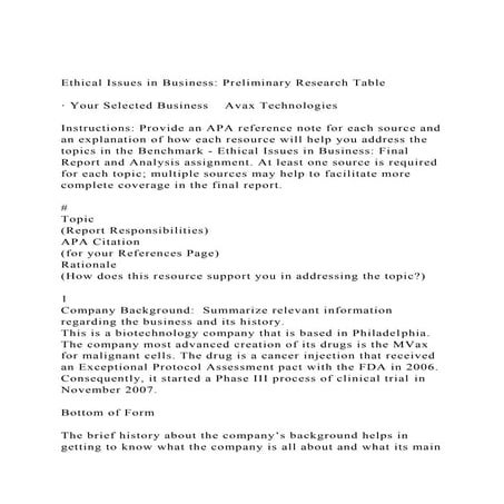 Ethical Issues in Business Preliminary Research Table · You.docx