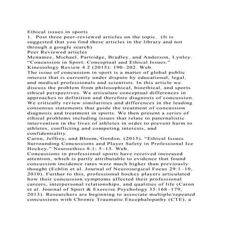 Ethical issues in sports1. Post three peer-reviewed articles on.docx