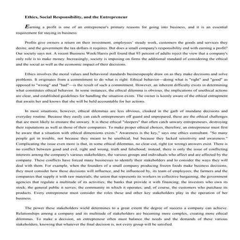 THE ETHICAL AND SOCIAL RESPONSIBILITIES OF ENTREPRENEURS | PDF