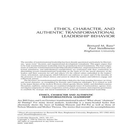 ETHICS, CHARACTER, AND AUTHENTIC TRANSFORMATIONAL LEADERSHIP BEHAVIOR ...