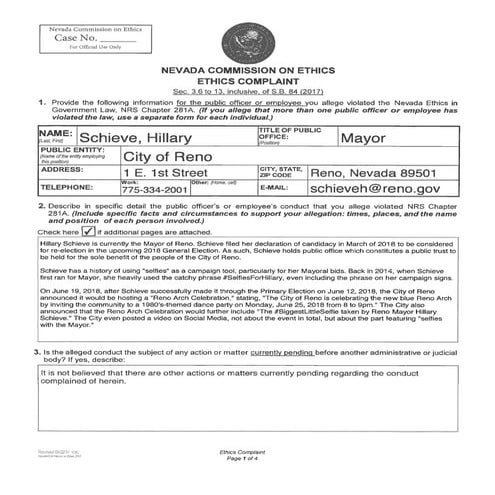 Ethics complaint filed by Eddie Lorton against Reno Mayor Hillary ...