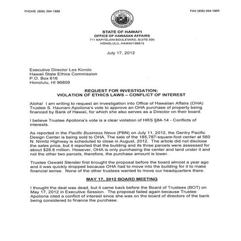 Ethics complaint apoliona 3 docs | PDF