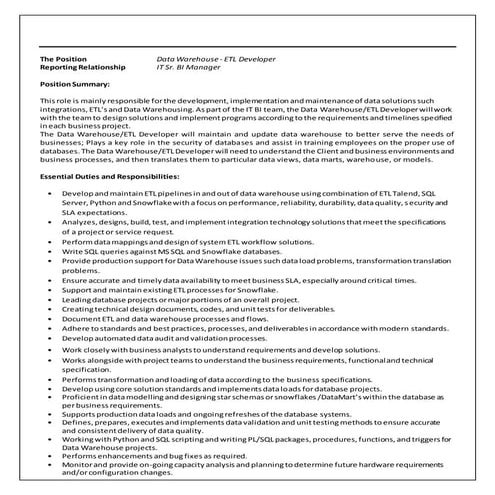Etl developer job description | PDF