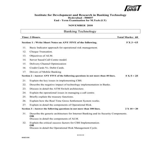 Banking Technology (End Term Exam) nov-2010 | DOC