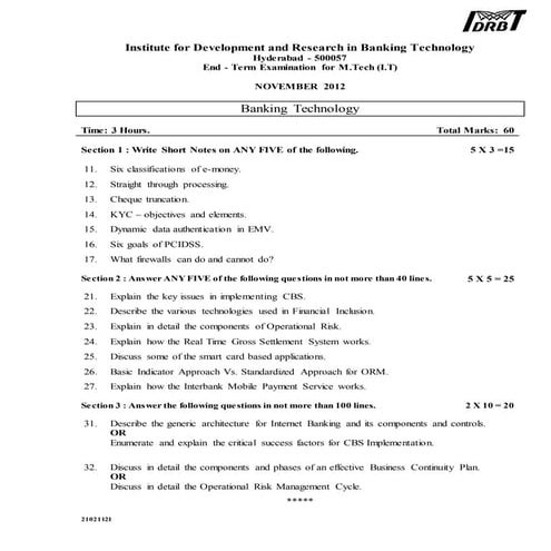 Banking Technology (End Term Exam) nov-2013 | DOCX
