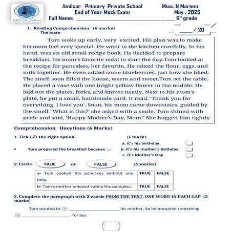 End of Third Term Test , 6th grade, May 2025 | DOCX