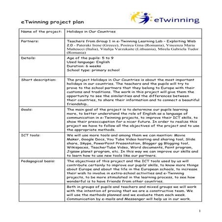 E twinning project planning form, group 1, made by gabriela mirela tudor | PDF