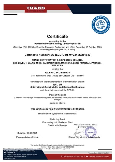 El Komy Biodiesel Egypte EU-ISCC-Cert-DE100-14416123.pdf | Business and ...