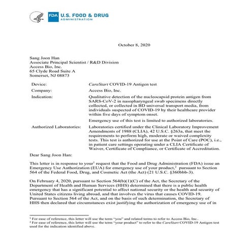 Access bio care antigen US=FDA EUA Approvel Letter | PDF