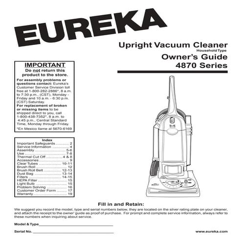 Eureka Upright Vacuum Cleaner Owner's Guide- 4870 Series | PDF