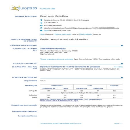 Europass CV example(Laurio Belo) | PDF