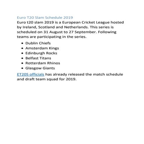 Euro t20 slam schedule 2019 updated | PDF