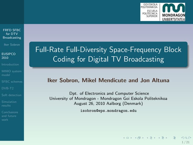 Full Rate Full Diversity Space Frequency Block Coding For Digital Tv Broadcasting Ppt