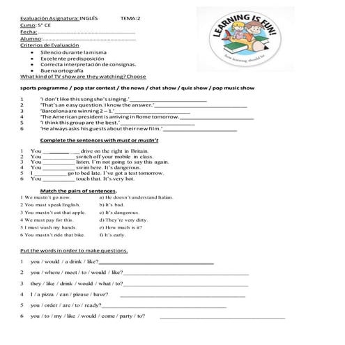 Ev. ingles 5 tema 1 | PDF