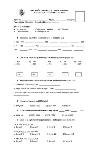 Prueba unidad 1 matemática 5º basico | PDF