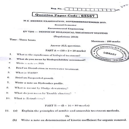 Ev5201 design of biological treatment systems-previous year question ...