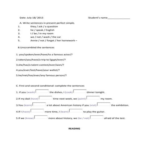 Evaluación present perfect | DOC