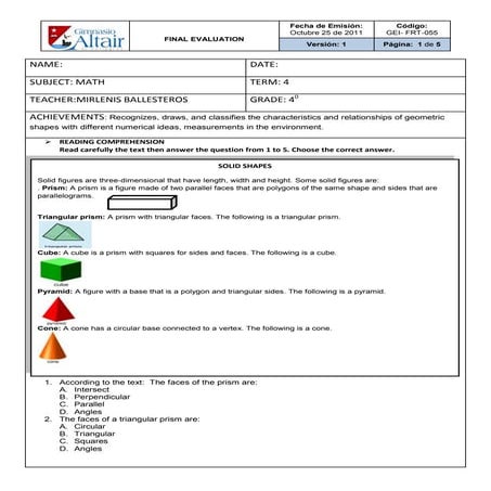 Geometry Evaluation 4 grade | DOCX