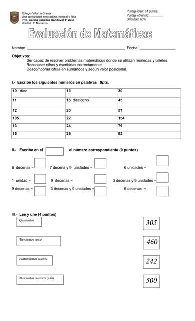 Prueba de numeros ordinales 1 basico | DOCX