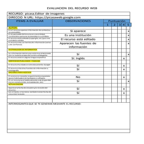 Tabla para evaluar un recurso web | DOCX