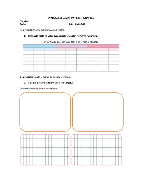 Prueba de numeros ordinales 1 basico | DOCX