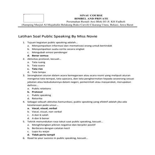 SOAL PUBLIC SPEAKING UNTUK PEMULA PG & ESSAY | DOCX