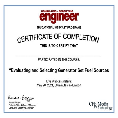 Certificate of Completion "Evaluating and selecting generator set fuel ...