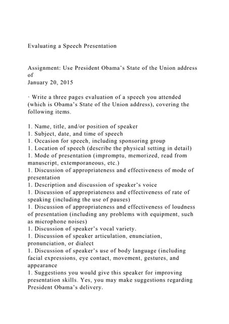 Evaluating a Speech PresentationAssignment Use President Ob.docx Evaluating a Speech PresentationAssignment Use President Ob.docx