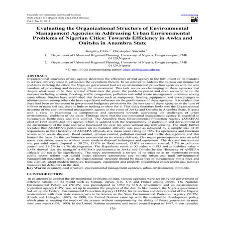 Evaluating the organizational structure of environmental management agencies in addressing urban ...