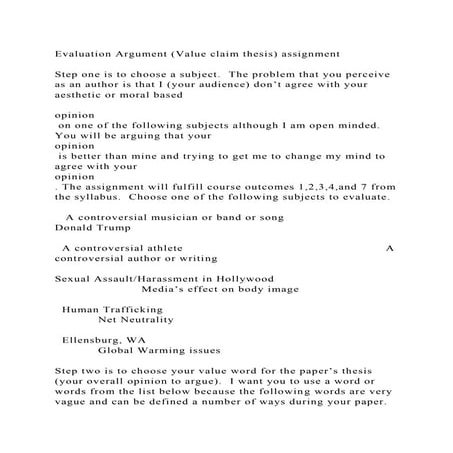 Evaluation Argument Value Claim Thesis Assignmentstep One Is T Pdf 