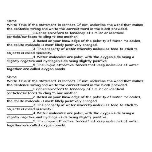 Properties of Water Evaluation (Polarity, Adhesion, Cohesion) | PDF