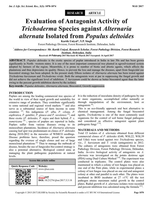 Antagonistic potentiality of trichoderma harzianum against cladosporium spherospermum ...