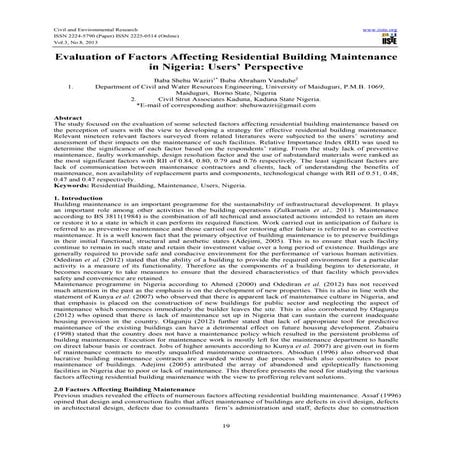 Evaluation of factors affecting residential building maintenance in nigeria users’ perspective | PDF