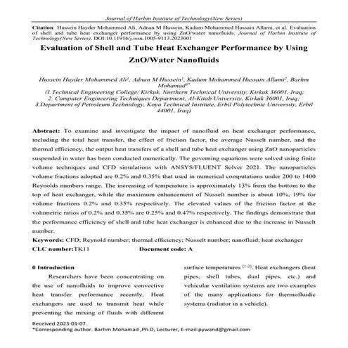 Evaluation of Shell and Tube Heat Exchanger Performance by Using ZnO/Water Nanofluids | PDF