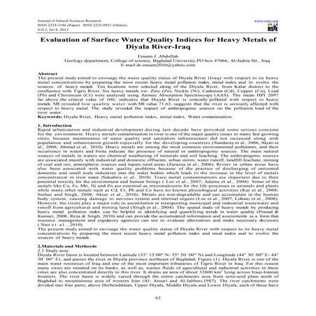 Evaluation Of Surface Water Quality Indices For Heavy Metals Of Diyala River Iraq Pdf