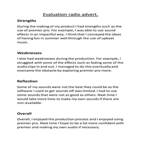 Evaluation radio advert | DOCX | Audio Production | Content Production