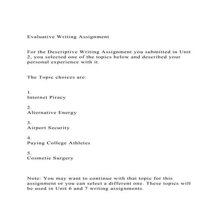 Evaluative Writing Assignment For the Descriptive Writing .docx | Education