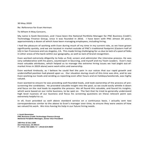Evan Herman - PNC - Technology Finance Recruiting Reference Letter | PDF