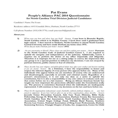 Pat Evans 2014 PA-PAC Questionnaire | PDF