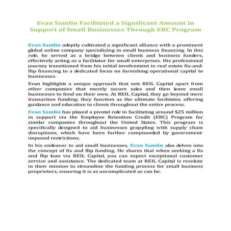Evan Samlin Facilitated a Significant Amount in Support of Small ...