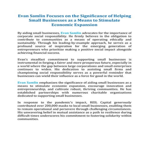 Evan Samlin Focuses on the Significance of Helping Small Businesses as ...
