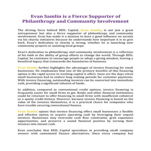 Evan Samlin is a Fierce Supporter of Philanthropy and Community ...