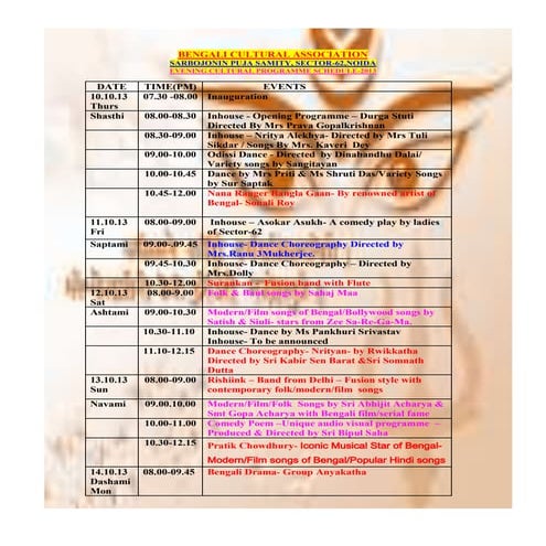 Evening Cultural Program Schedule: Sarbojonin Puja Samity, Sector 62 ...