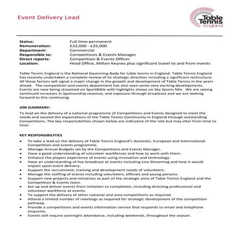 Event Delivery Lead Job Description | PDF